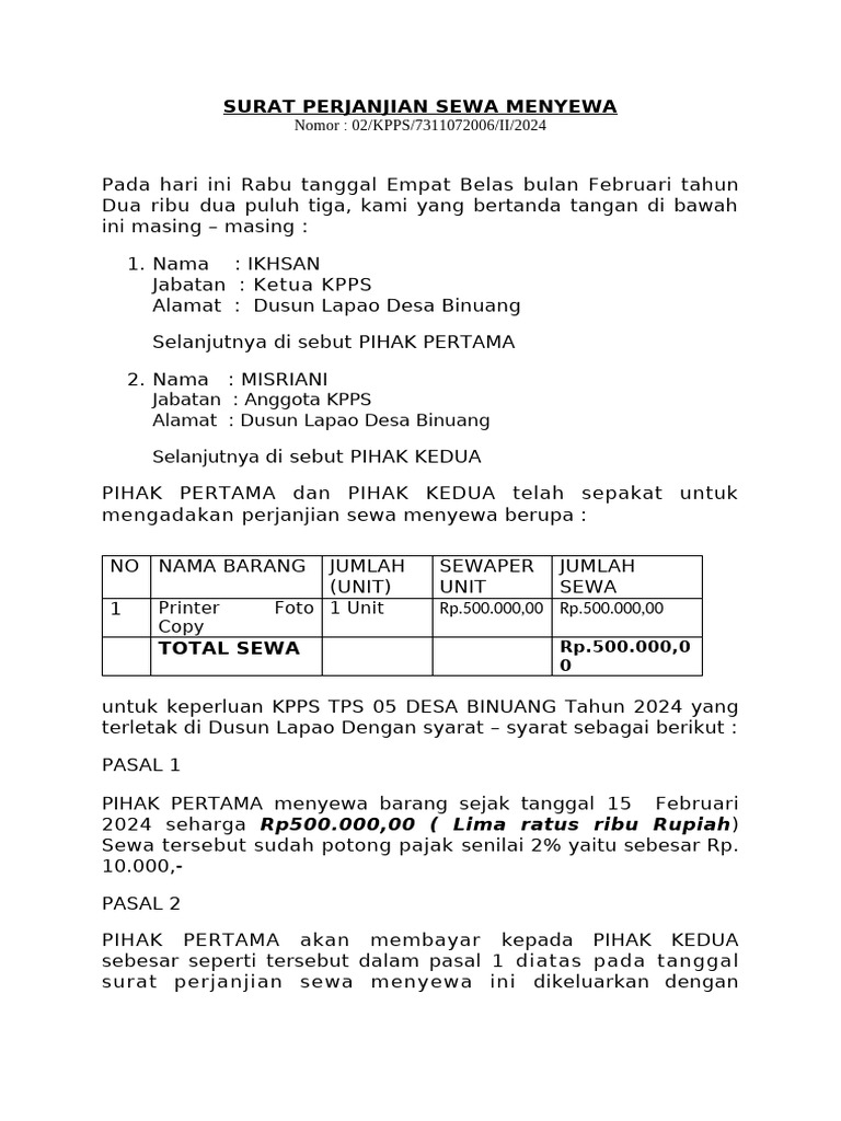 Surat Perjanjian Sewa Sewa Tps 5 | PDF | Hukum