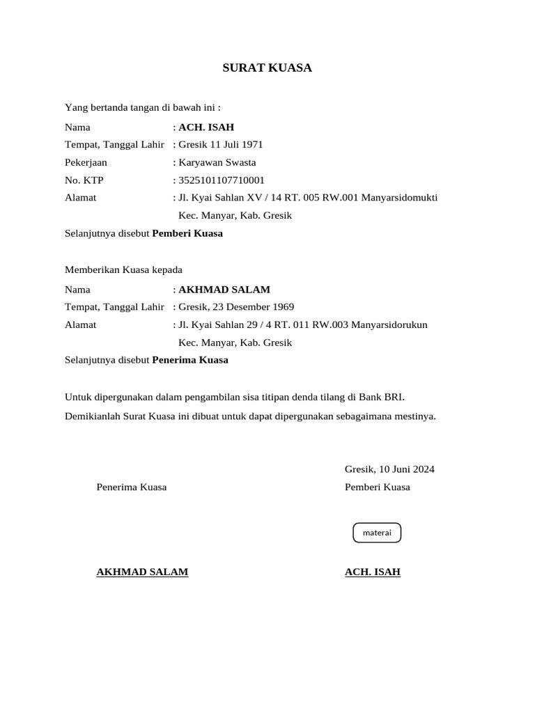 Surat Kuasa Pengambilan Denda Tilang | PDF