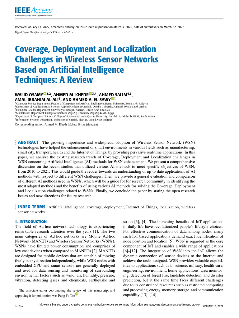 Coverage Deployment and Localization Challenges in Wireless Sensor Networks Based On Artificial ...