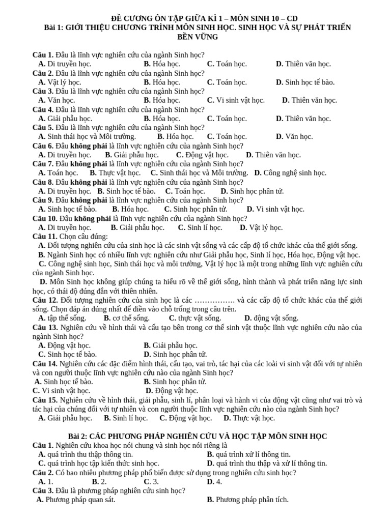 De Cuong On GK1. Sinh10. | PDF
