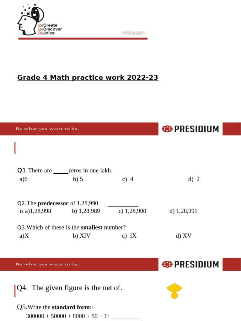 Grade 4 Math Practice Work 2022-23 | PDF | Mathematics | Euclidean Geometry