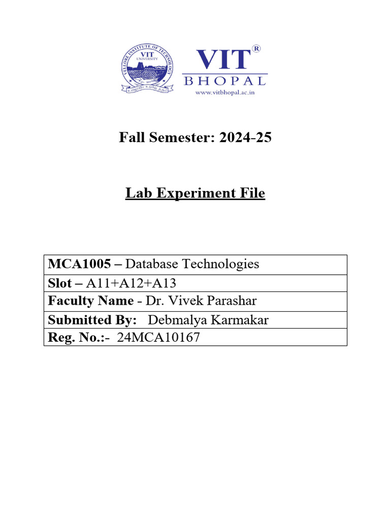 MCA1005 Experiments 24MCA10167 | PDF | Pl/Sql | Databases