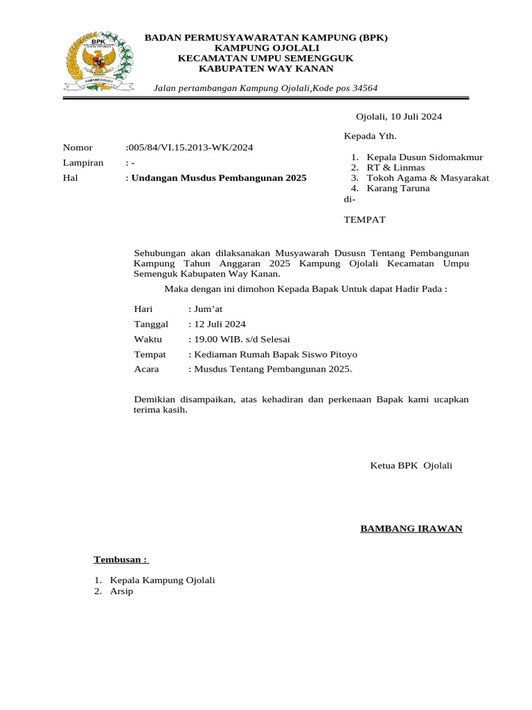 Undangan Musyawarah Pembangunan 2025 | PDF | Griya & Taman