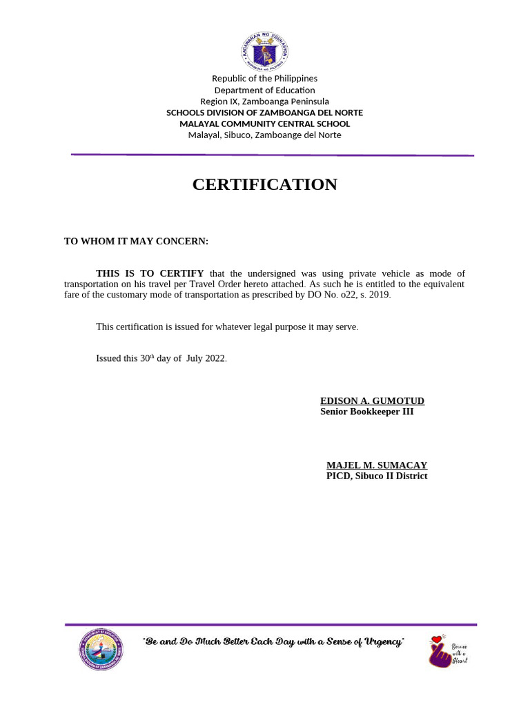 Private Vehicle Transportation Certification | PDF
