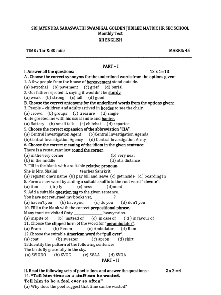 Sample question paper | PDF | Linguistics | Grammar