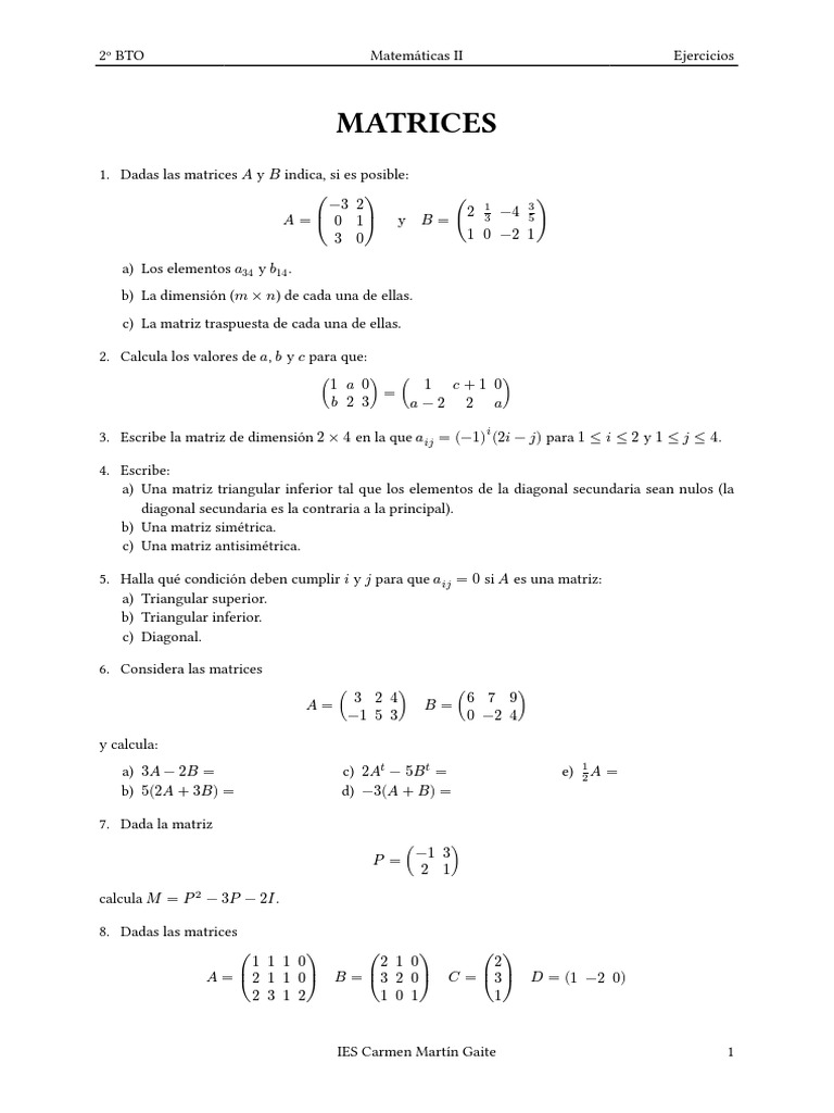 Ejercicios de Matrices para 2º BTO | PDF | Matriz (Matemáticas) | Álgebra