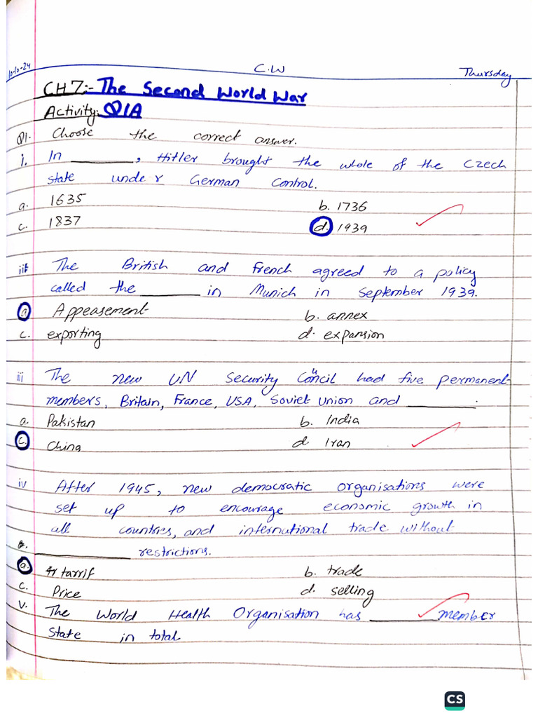 Class 8 History CH 7 WW2 Exercise PDF | PDF