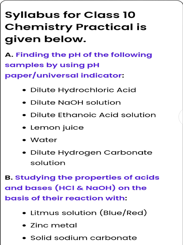 Class 10 Chemistry Practical Syllabus | PDF