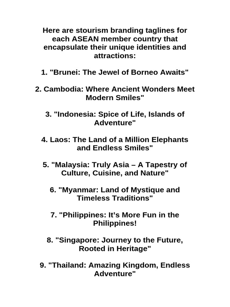 Here Are Tourism Branding Taglines For Each ASEAN | PDF | Travel ...