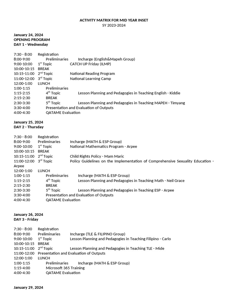 Activity Matrix For Mid Year Inset | PDF