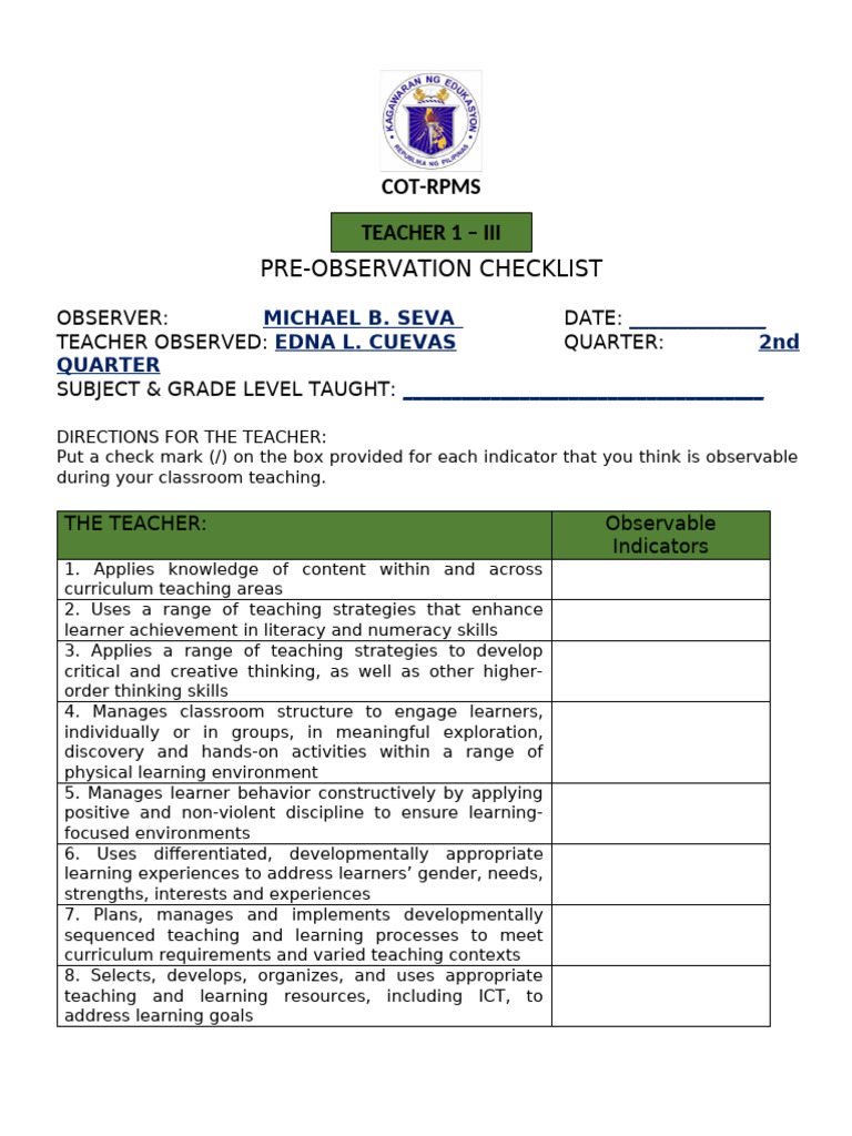 COT Pre Observation Checklist | PDF | Career & Growth | Art
