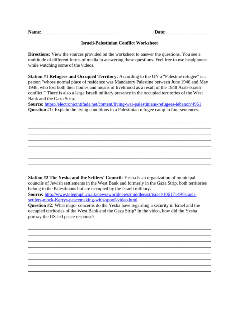 Israeli-Palestinian Conflict Worksheet | PDF | Palestine Liberation ...
