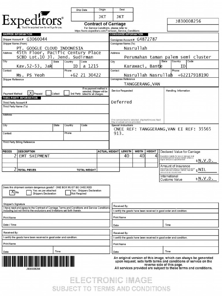 J830008256 - Contract of Carriage | PDF