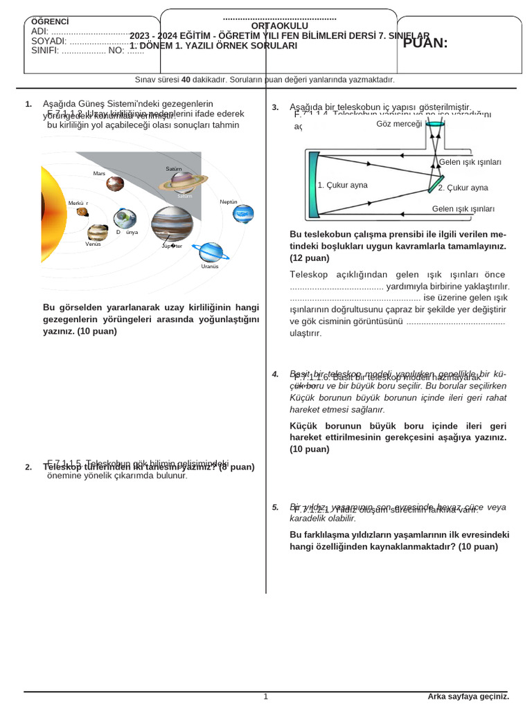 7 Sinif Fen Bil 1 Donem 1 Yazili 13 Cevapli | PDF