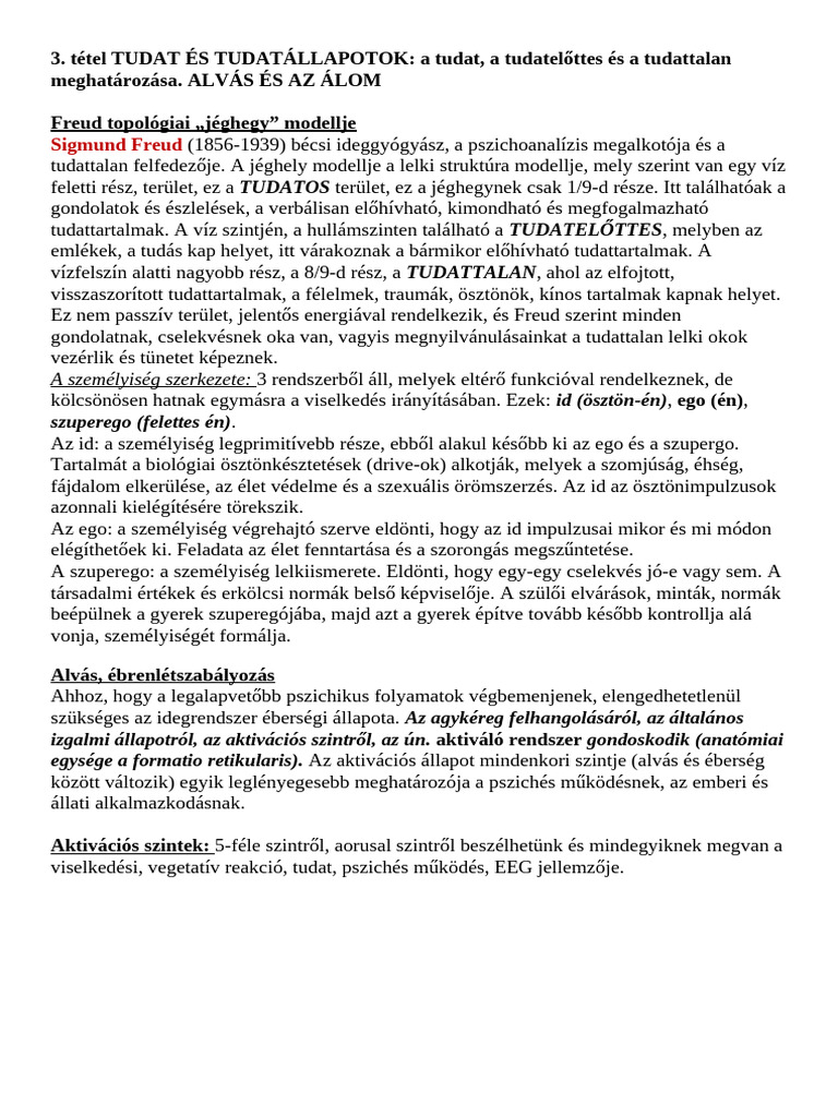 Tétel Tudat És Tudatállapotok. Alvás És Álom (Rövidített) | PDF