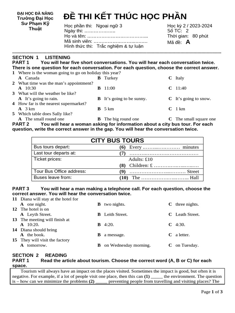Exam Paper A FL3 | PDF | Tourism | Soil