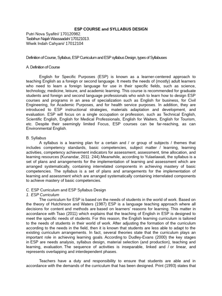 ESP-COURSE-and-SYLLABUS-DESIGN | PDF | Grammar | Curriculum