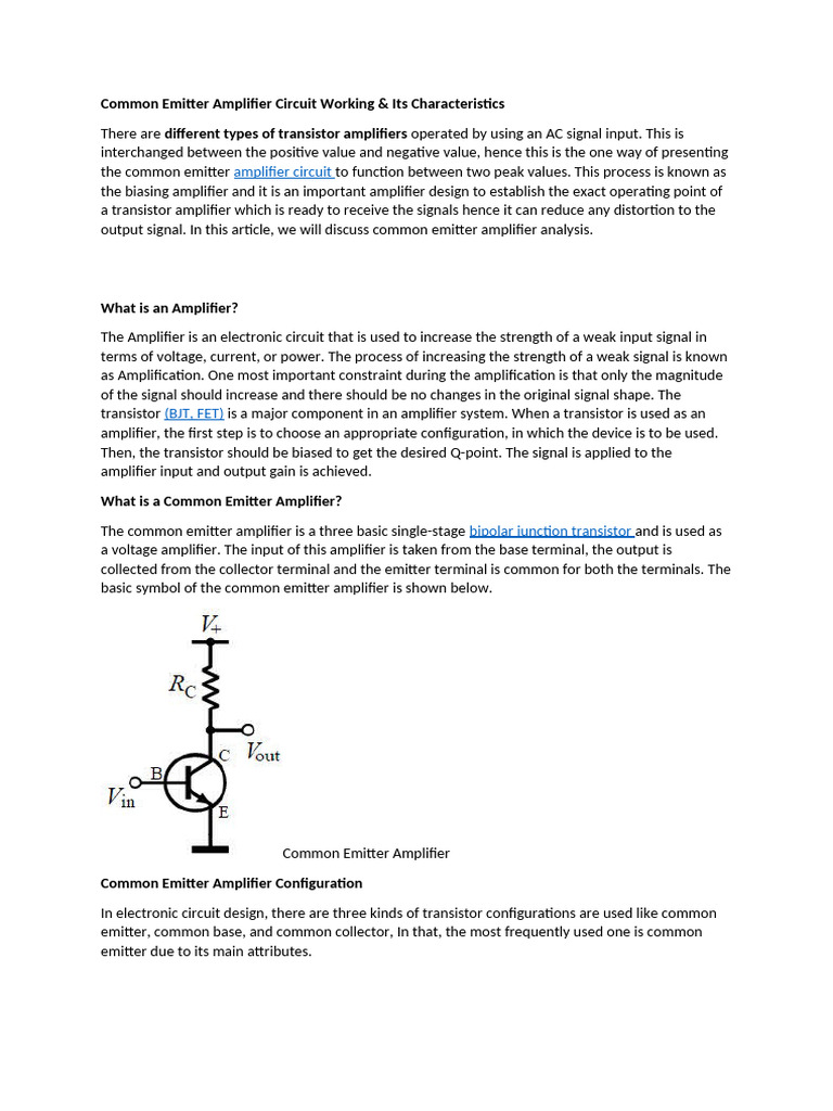 Common Emitter Amplifier Circuit Working | PDF | Amplifier | Bipolar ...