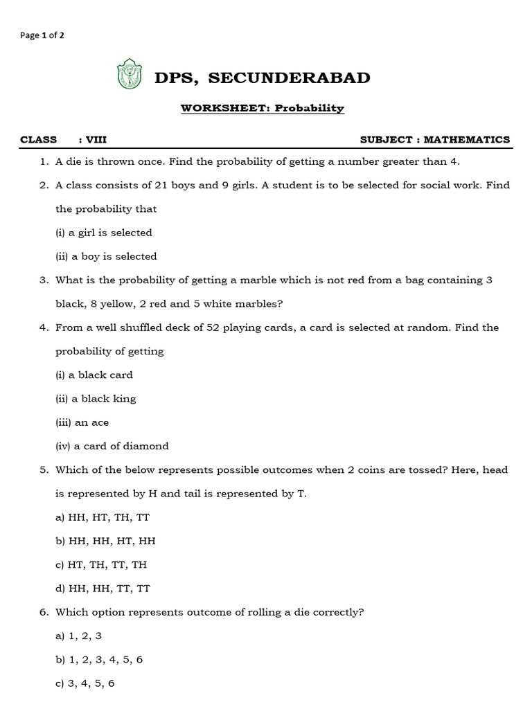 DPS, Secunderabad: WORKSHEET: Probability Class: Viii Subject: Mathematics | PDF | Probability ...