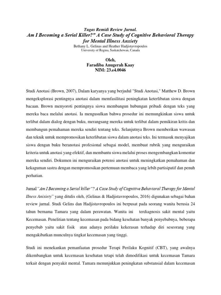 Review Jurnal. Am I Becoming A Serial Killer?" A Case Study of Cognitive Behavioral Therapy For ...