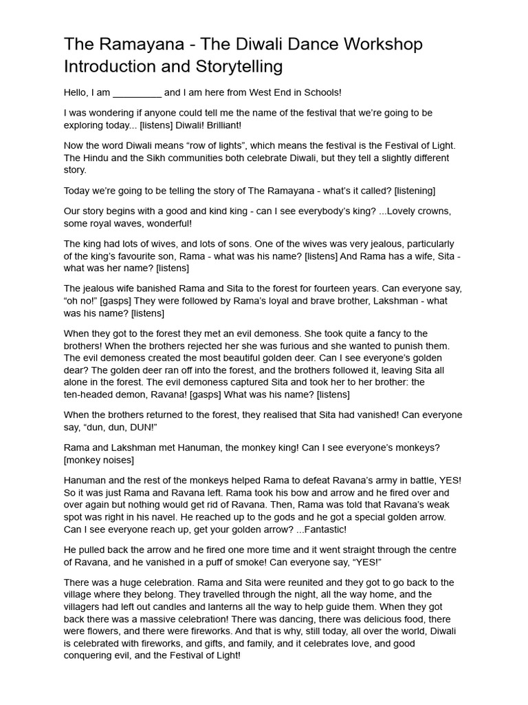 The Ramayana - The Diwali Dance Workshop Introduction and Storytelling ...