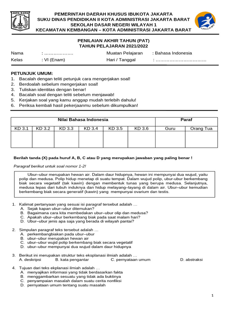 Soal Pat Bahasa Indonesia Kelas 6 2021-2022 | PDF
