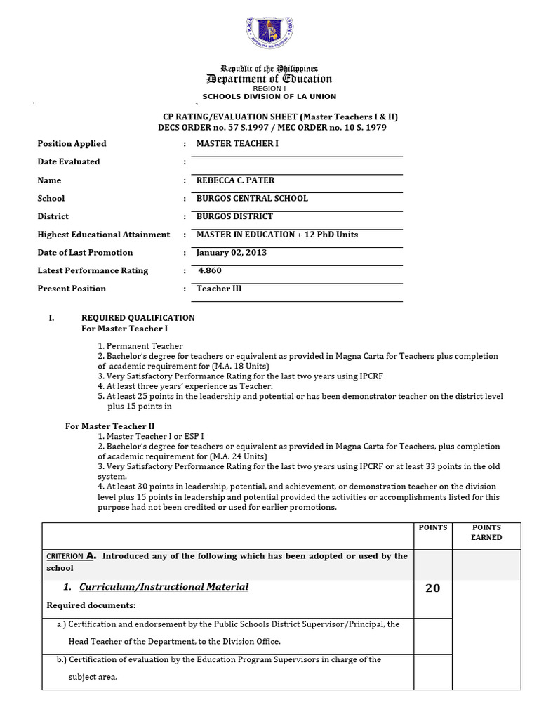 Mt Rating Sheet | PDF | Teachers | Academic Degree