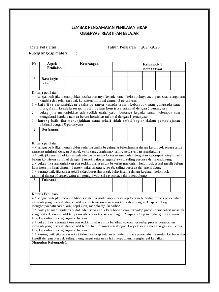 Lembar Pengamatan Penilaian Sikap | PDF