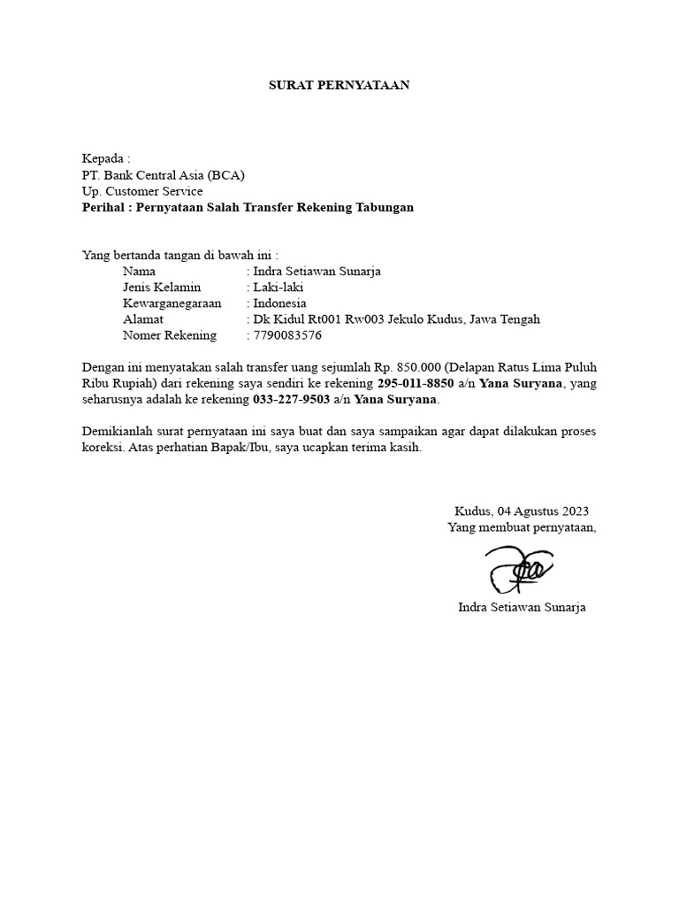 Surat Pernyataan Salah Transfer | PDF