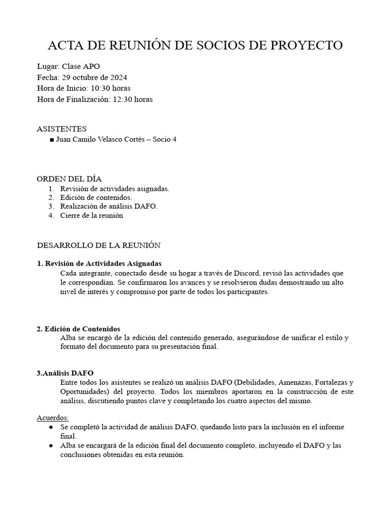 Acta de Reunión de Proyecto | PDF