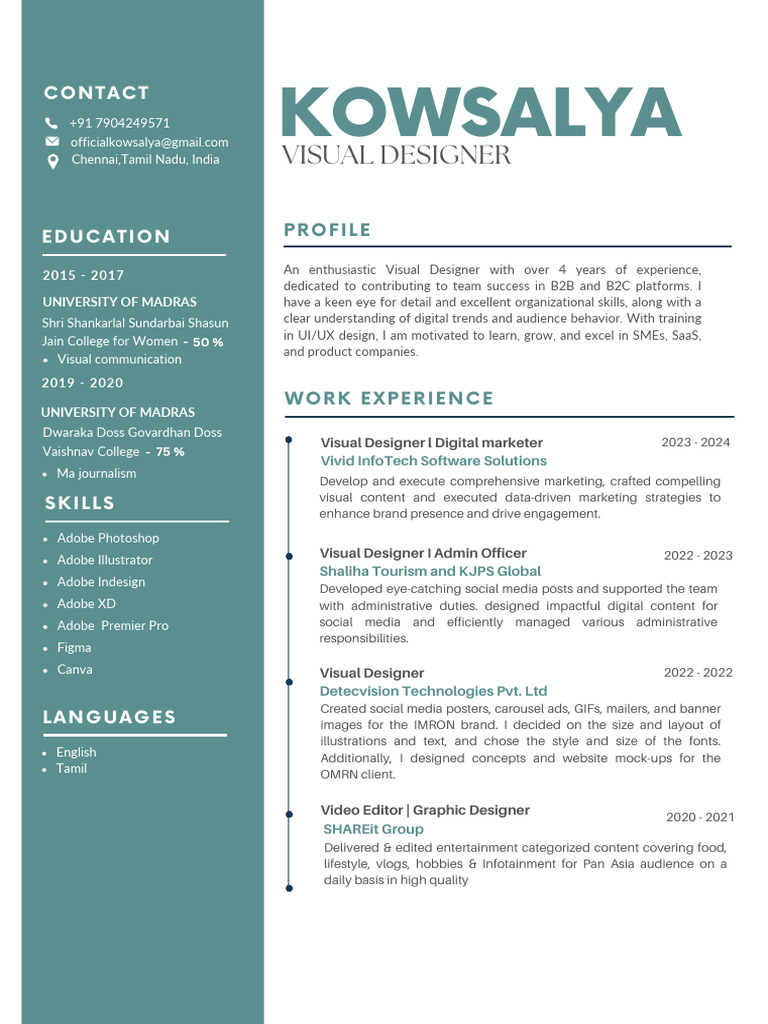 Kowsalya CV Visual Graphic Designer | PDF | Communication Design | Human Communication