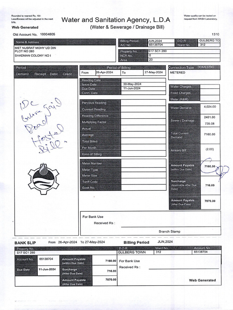 WASA Bill IDC Lahore JR Hostel June 24 - 0001 | PDF