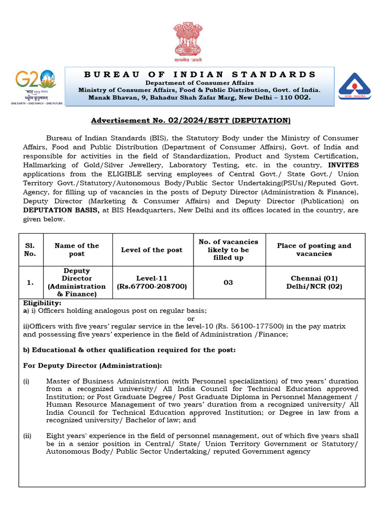 BIS Deputy Director Recruitment 2024 | PDF | Academic Degree | Accountant