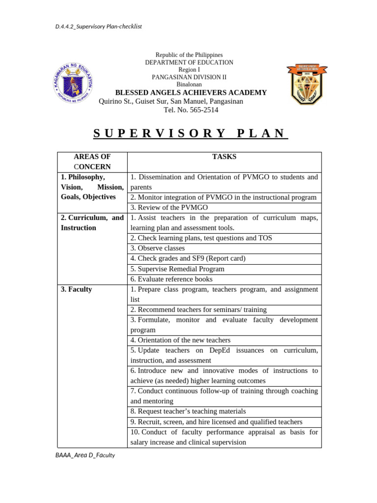 D 4 4 2 - Supervisory-Plan-checklist | PDF | Teachers | Curriculum
