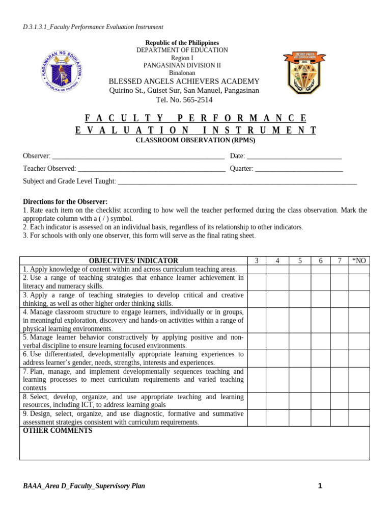 D.3.1.3.1 Faculty Performance Evaluation Instruments | PDF | Learning | Curriculum
