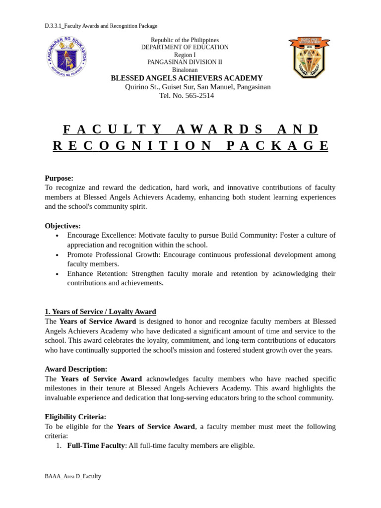 Faculty Awards at Blessed Angels Academy | PDF | Career & Growth ...