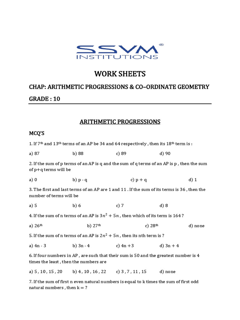 Work Sheets: Chap: Arithmetic Progressions & Co-Ordinate Geometry Grade ...