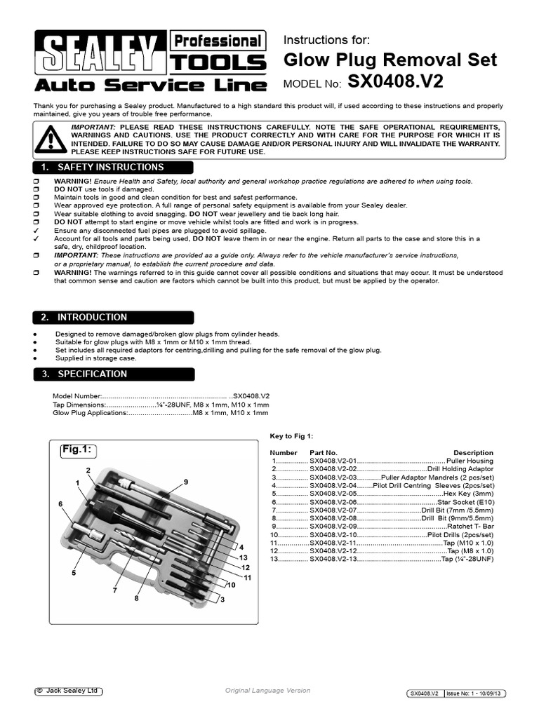Glow Plug Removal Set Instructions | PDF | Screw | Drill