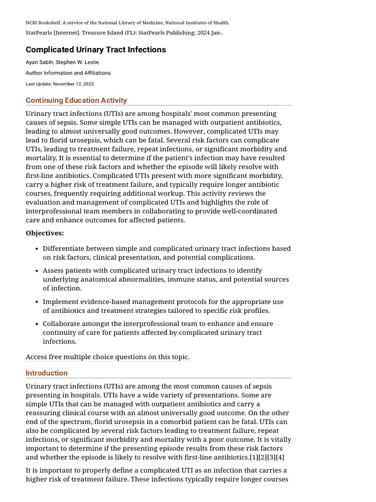 Complicated Urinary Tract Infections - StatPearls - NCBI Bookshelf ...