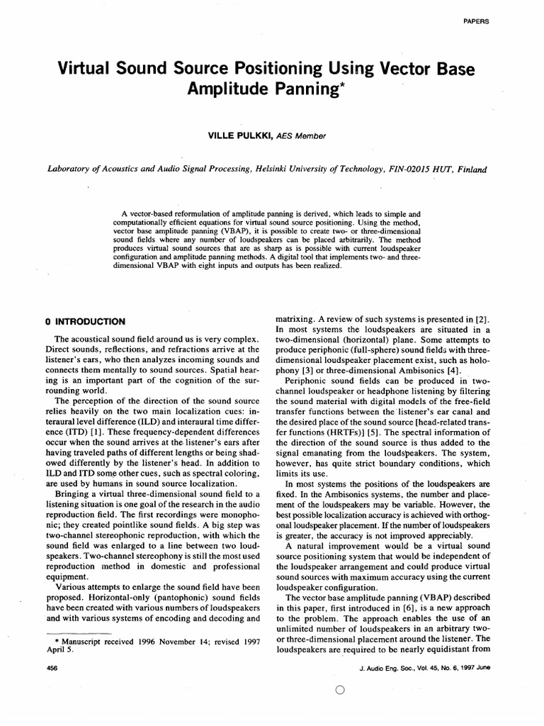 Virtual Sound Source Positioning Using Vector Base | PDF | Sound | Acoustics
