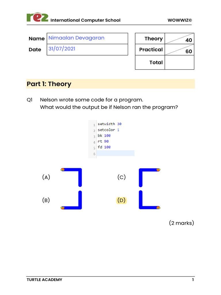 Nimaalan Devagaran - Exam (Turtle Academy) | PDF | Computing
