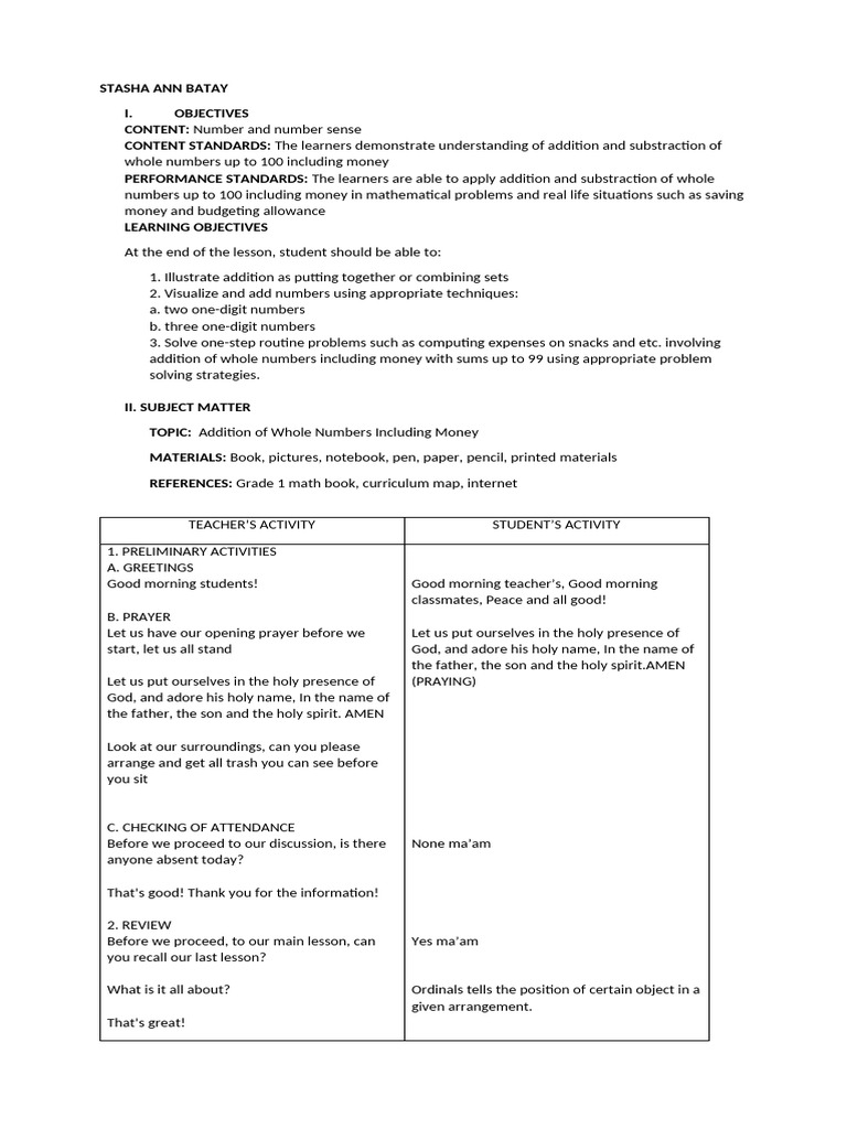 Grade 1 Lesson Plan Math | PDF | Lesson Plan | Mathematics