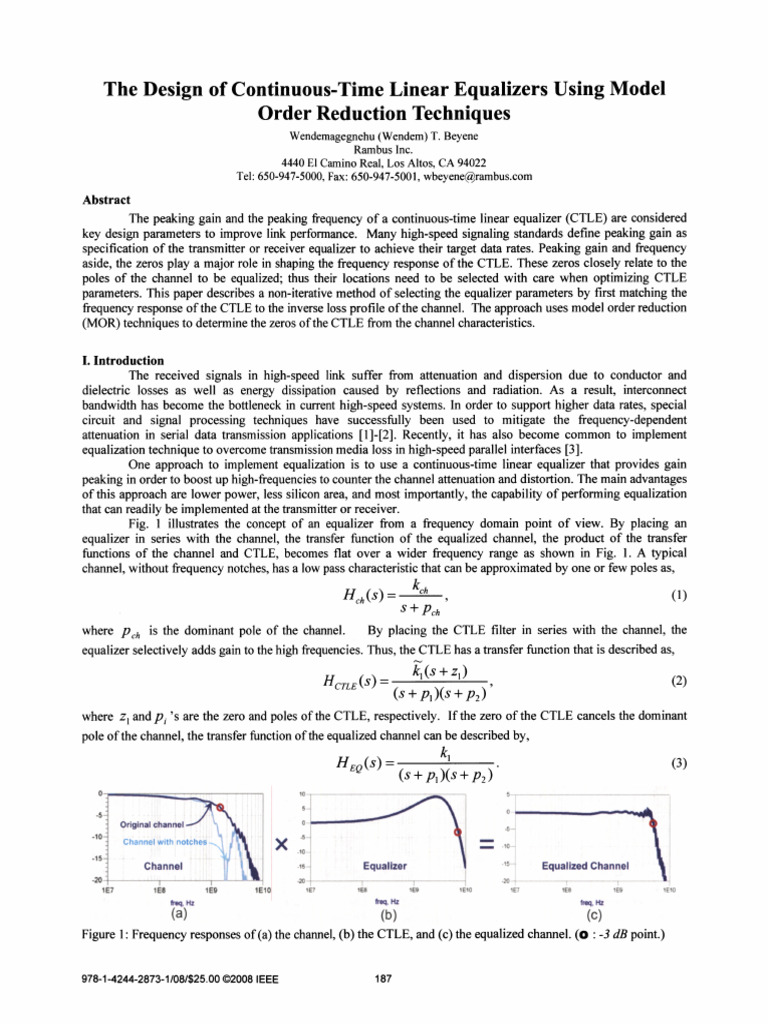 The Design Of Continuous Time Linear Equalizers Using Model Order Reduction Techniques Pdf