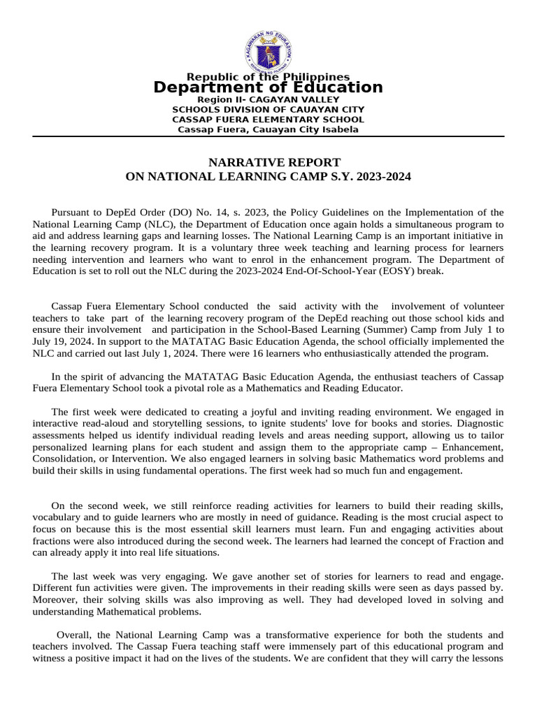 NLC Narrative | PDF | Teachers | Learning