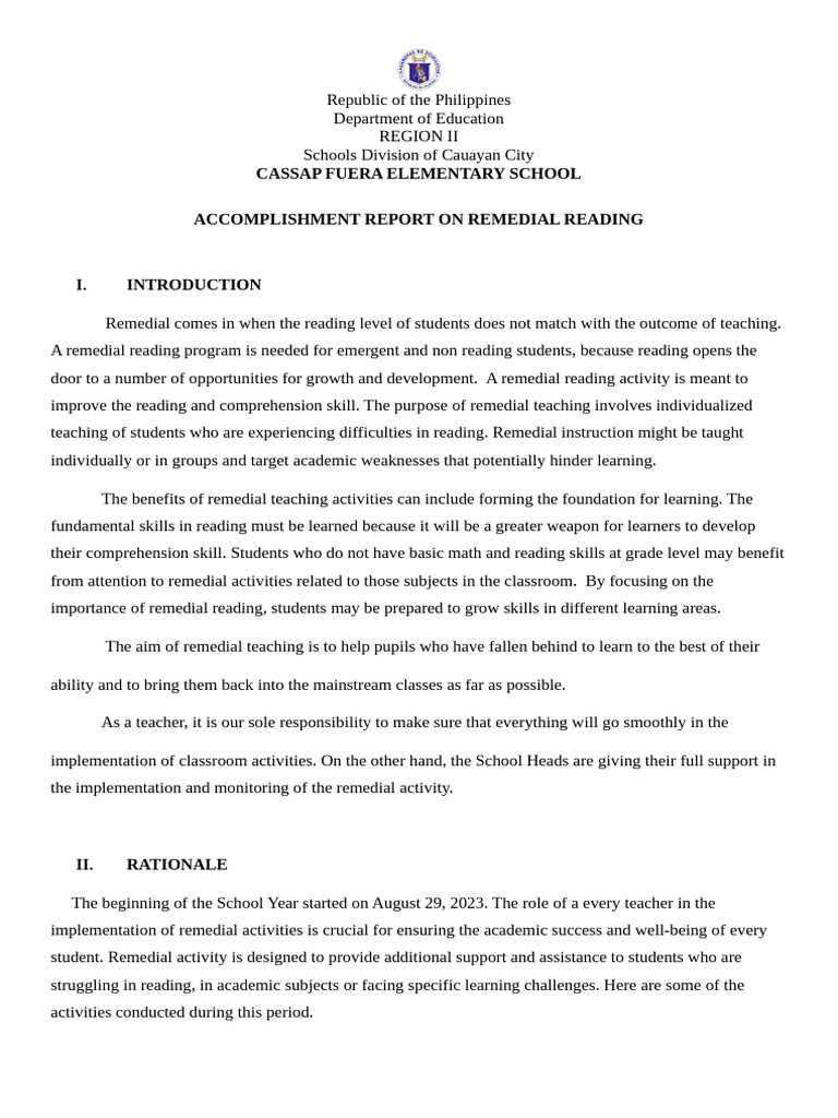Remedial Reading Report Summary | PDF | Reading Comprehension | Teachers