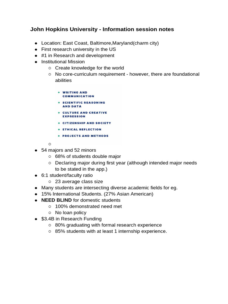 John Hopkins University - Information Session Notes | PDF