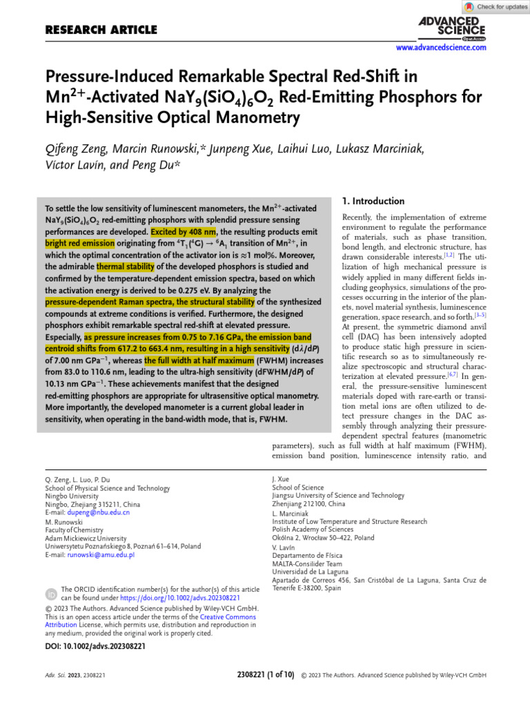 Advanced Science - 2023 - Zeng - Pressure Induced Remarkable Spectral ...