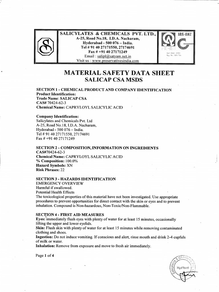 MSDS SALICAP CSA | PDF | Personal Protective Equipment | Oxide