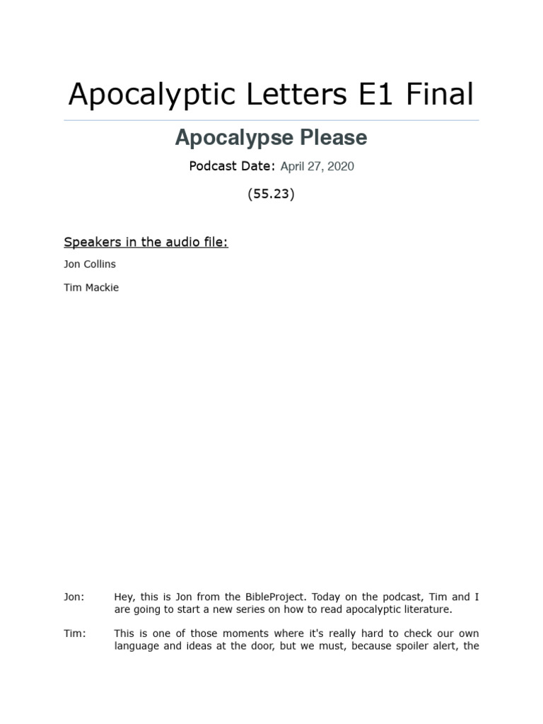 Apocalyptic Letters - E1 - Apocalypse Please Transcript | PDF | Daniel ...