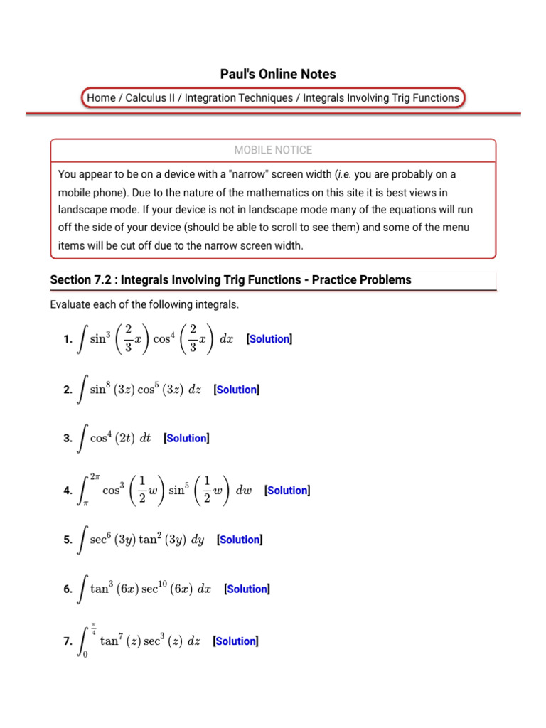 Trigonometric Integrals Practice | PDF
